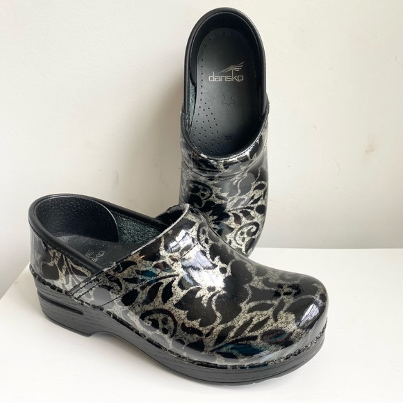 Dansko | Shoes | Dansko Metallic Floral Clogs Black Silver Size 366 ...